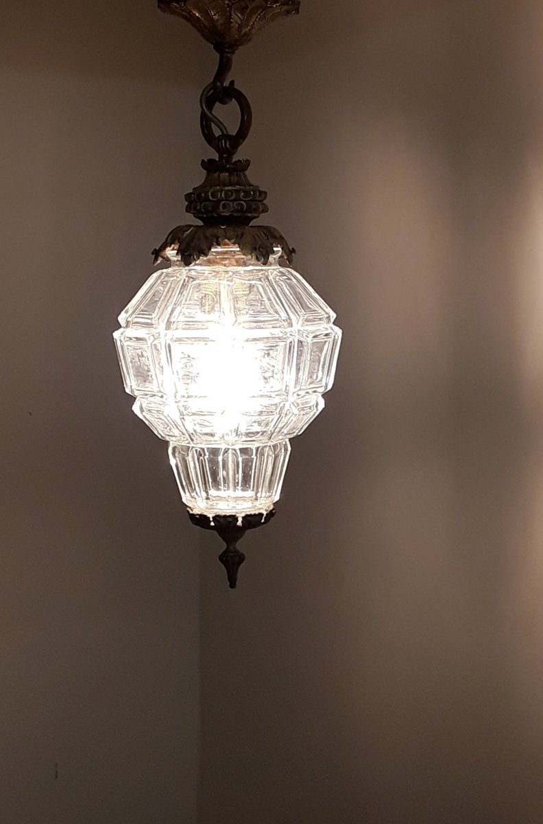 Antique Polished Crystal Glass Shade Ceiling Lamp, 1900s for sale at Pamono