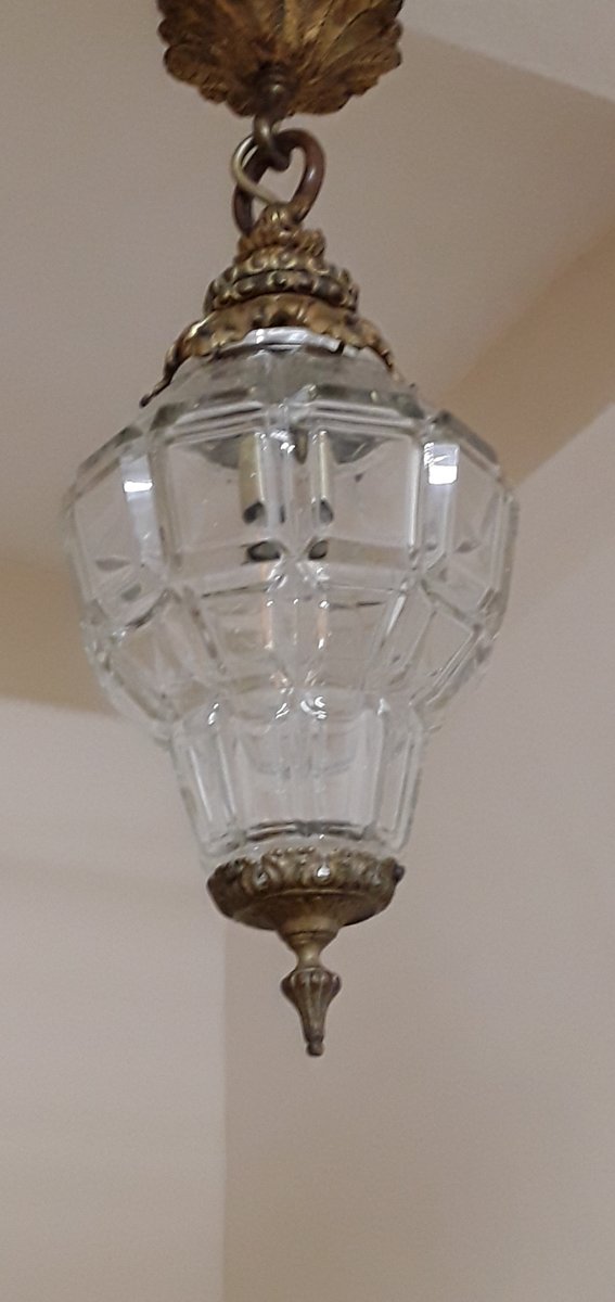Antique Polished Crystal Glass Shade Ceiling Lamp, 1900s for sale at Pamono