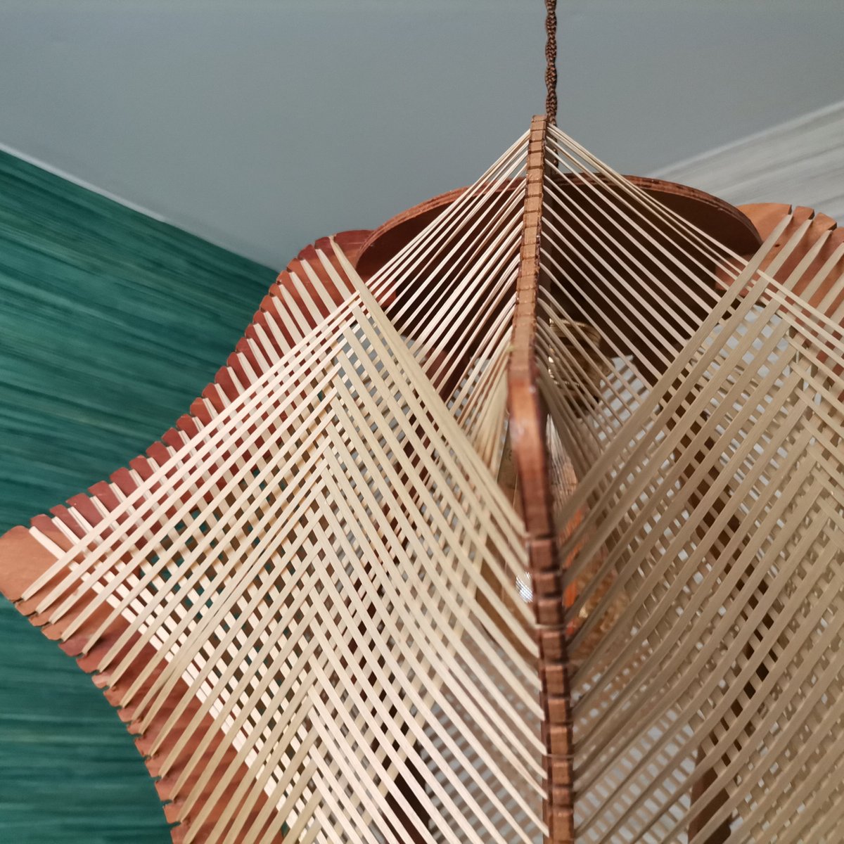 Large Mid-Century Modern Wood Straw Wooden Hanging Light Fixture Lamp ...