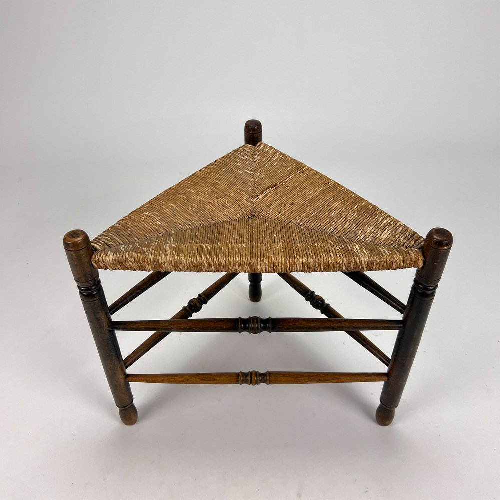 Oak and Wicker Triangular Stool, 1950s for sale at Pamono
