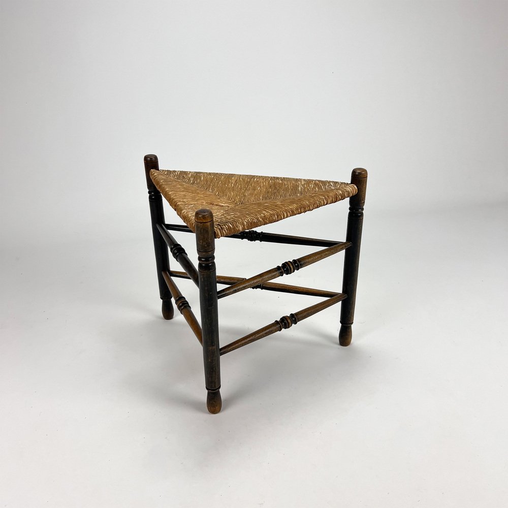 Oak and Wicker Triangular Stool, 1950s for sale at Pamono