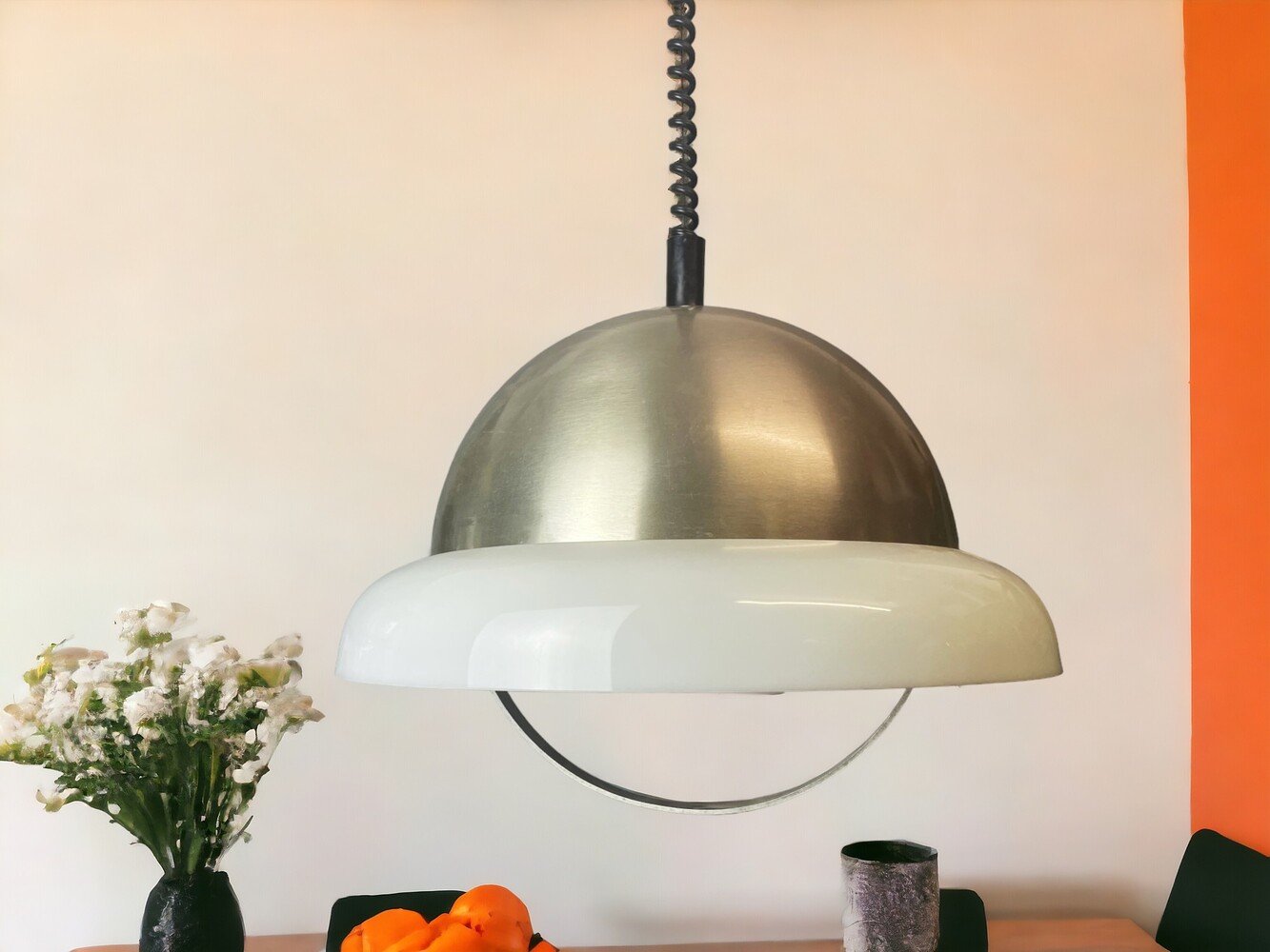 Large Space Age Silver Aluminium & White Acrylic Extendable Pull Down ...