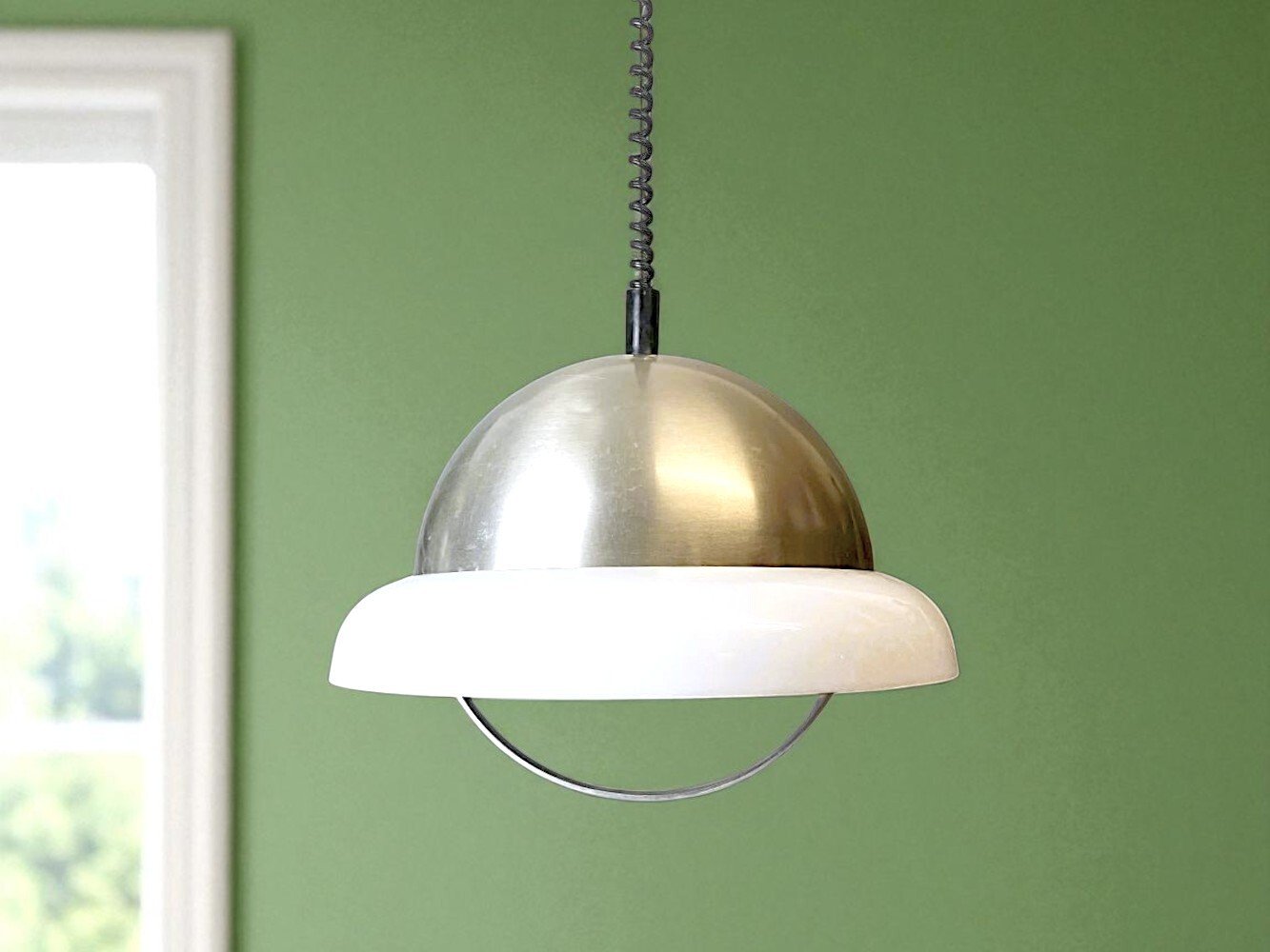 Large Space Age Silver Aluminium & White Acrylic Extendable Pull Down ...