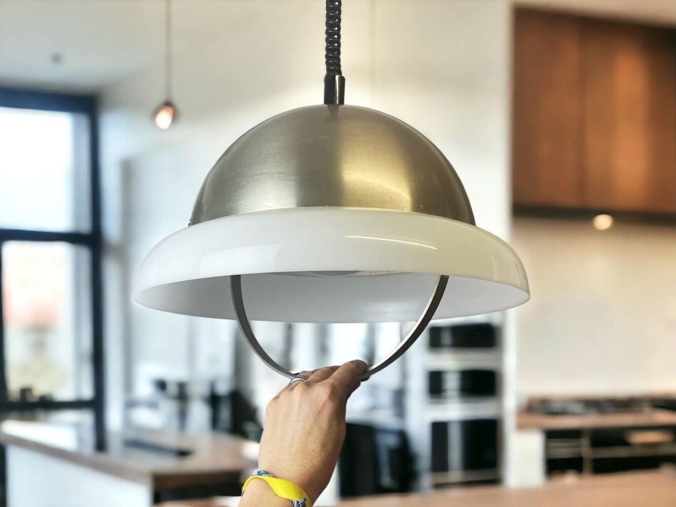 Large Space Age Silver Aluminium & White Acrylic Extendable Pull Down ...