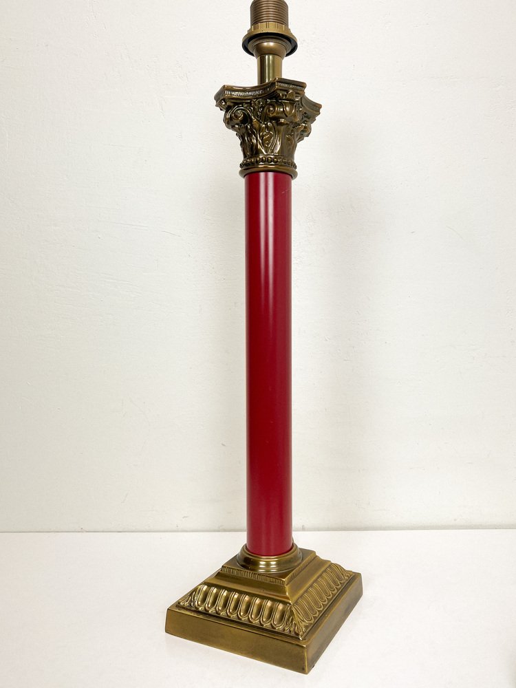 Large Brass and Red Lacqued Corinthian Column Table Lamp, 1970s for ...