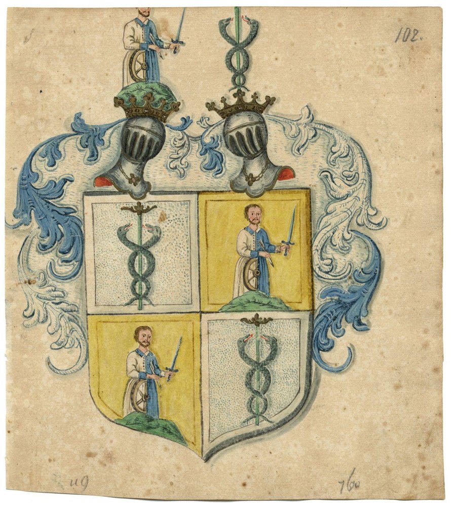 Leopold Billek, mittelalterliches Wappen, 1820, Original Aquarell bei ...