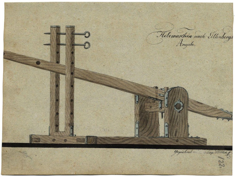 Leopold Billek, Mechanische Zeichnung: Hebemaschine, 1820, Aquarell bei ...