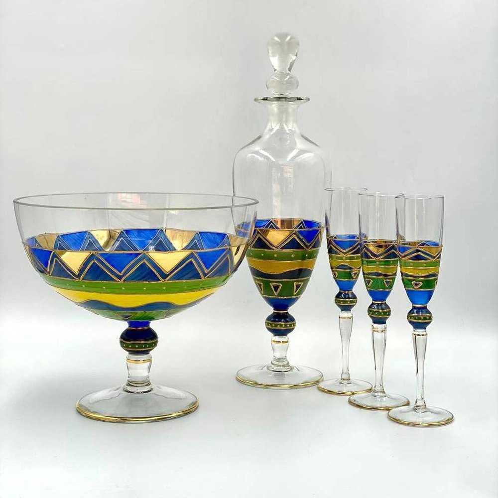Antique Hand Painted Glass Bareware Set and Vase, Germany, 1930s, Set ...