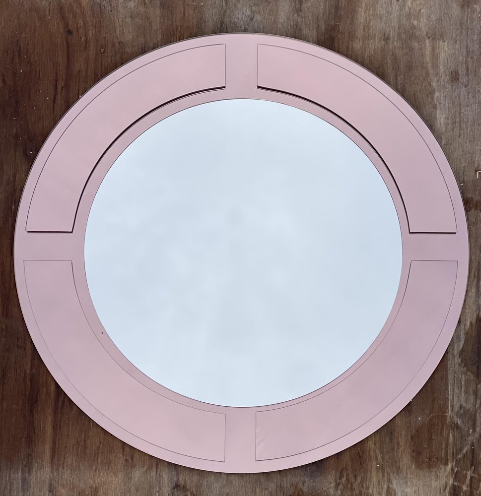 Art Deco 3D Framed Amber / Peach Glass Round Bevelled Wall Mirror ...