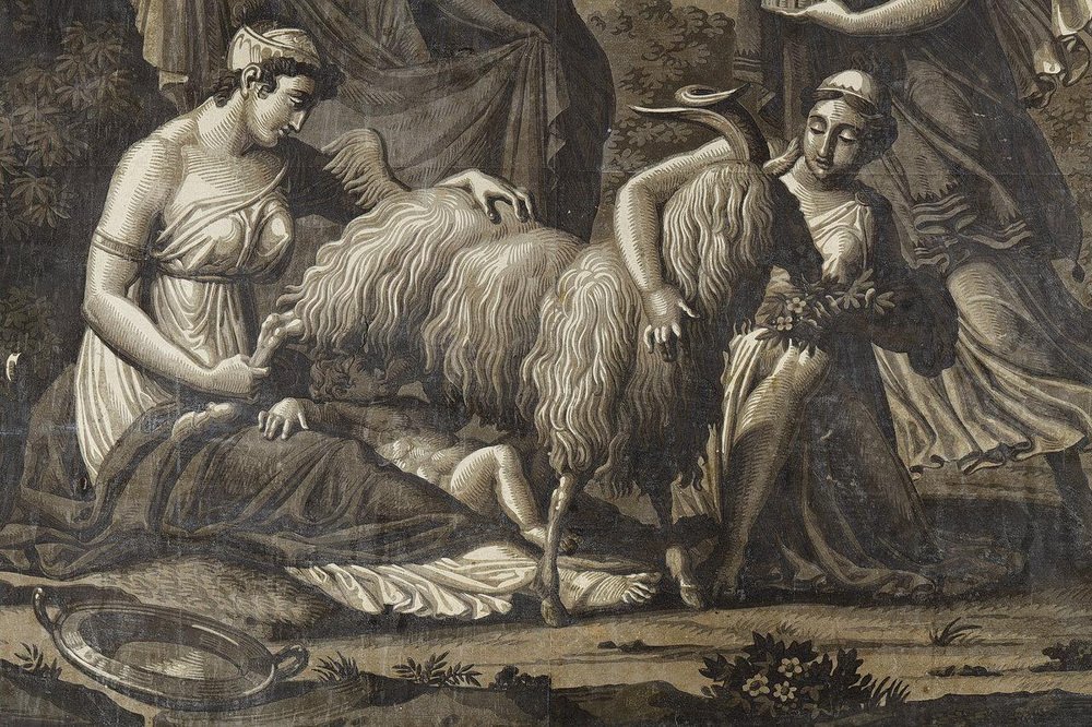 Zeus Fed by the Goat Amalthée, 1800s, Wallpaper Fragment, Framed for ...