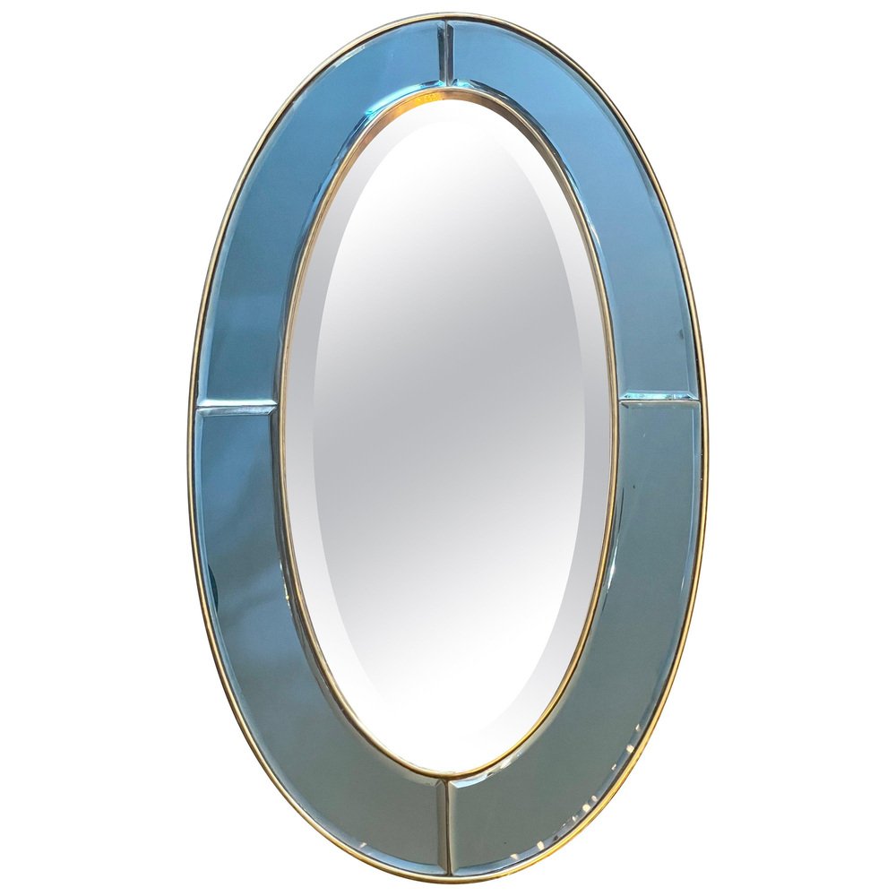 Oval Blue Panelled Brass Framed Mirror, 2000 for sale at Pamono