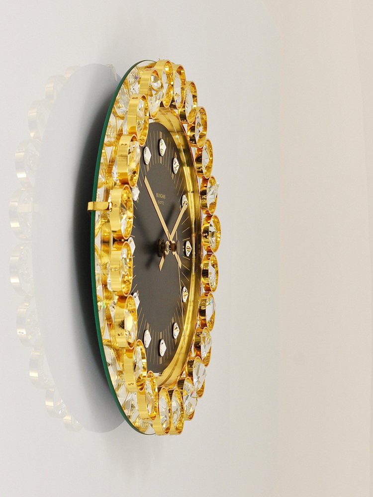 German Hollywood Regency Golden Wall Clock in Gilt with Crystals by ...