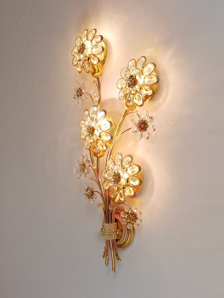 Large Gilt Brass & Crystals Flower Wall Light from Palwa, 1970s for ...