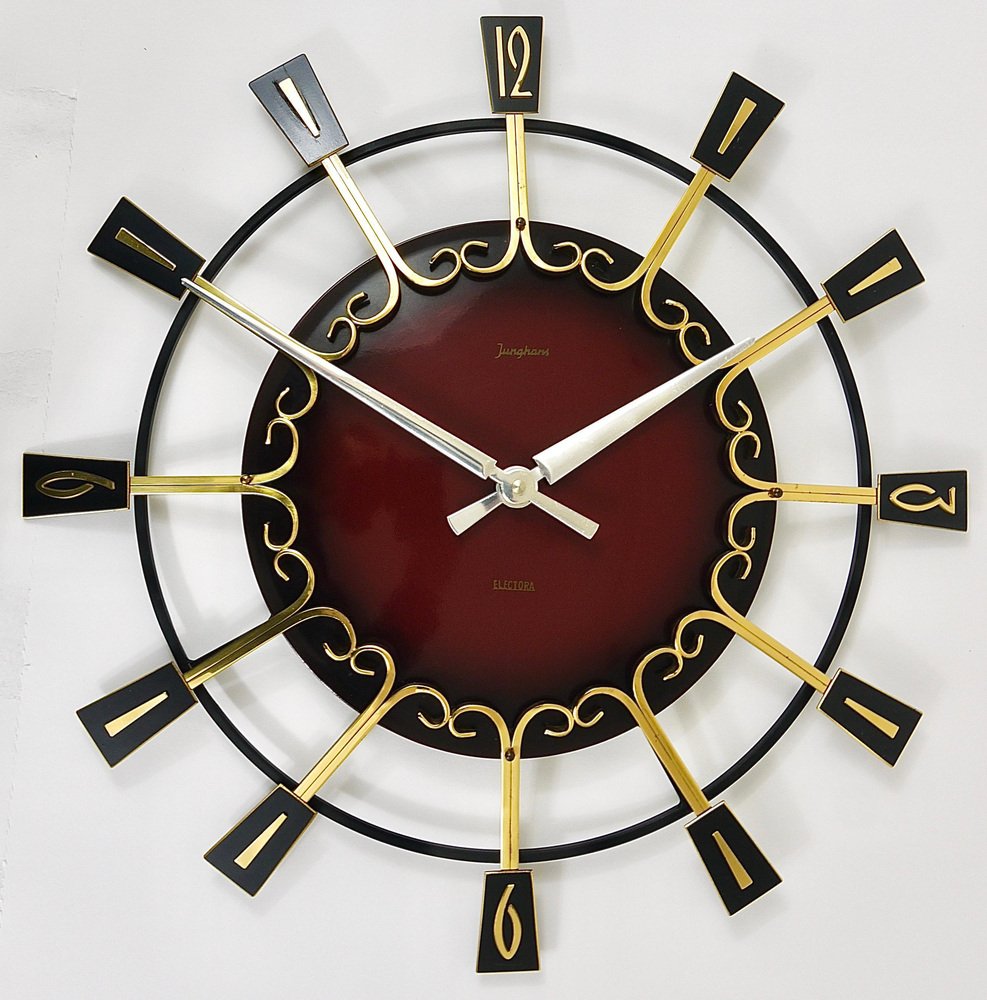 Large Mid-Century Brutalist Brass Sunburst Wall Clock from Junghans ...