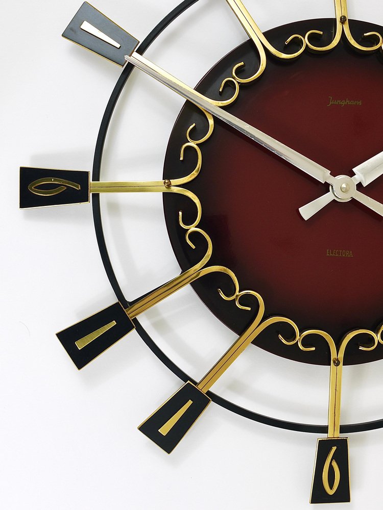 Large Mid-Century Brutalist Brass Sunburst Wall Clock from Junghans ...