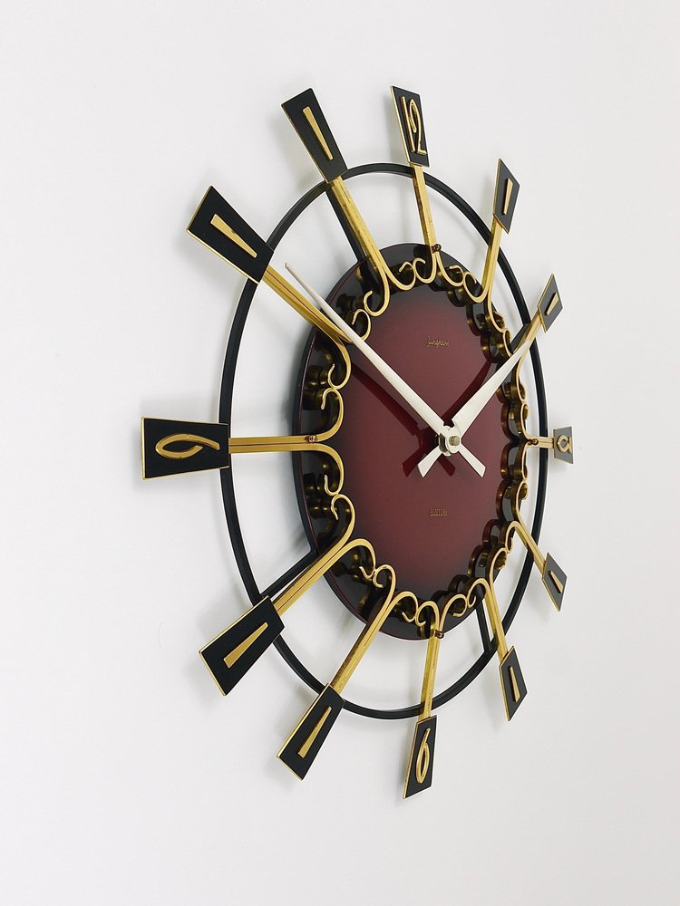 Large Mid-Century Brutalist Brass Sunburst Wall Clock from Junghans ...