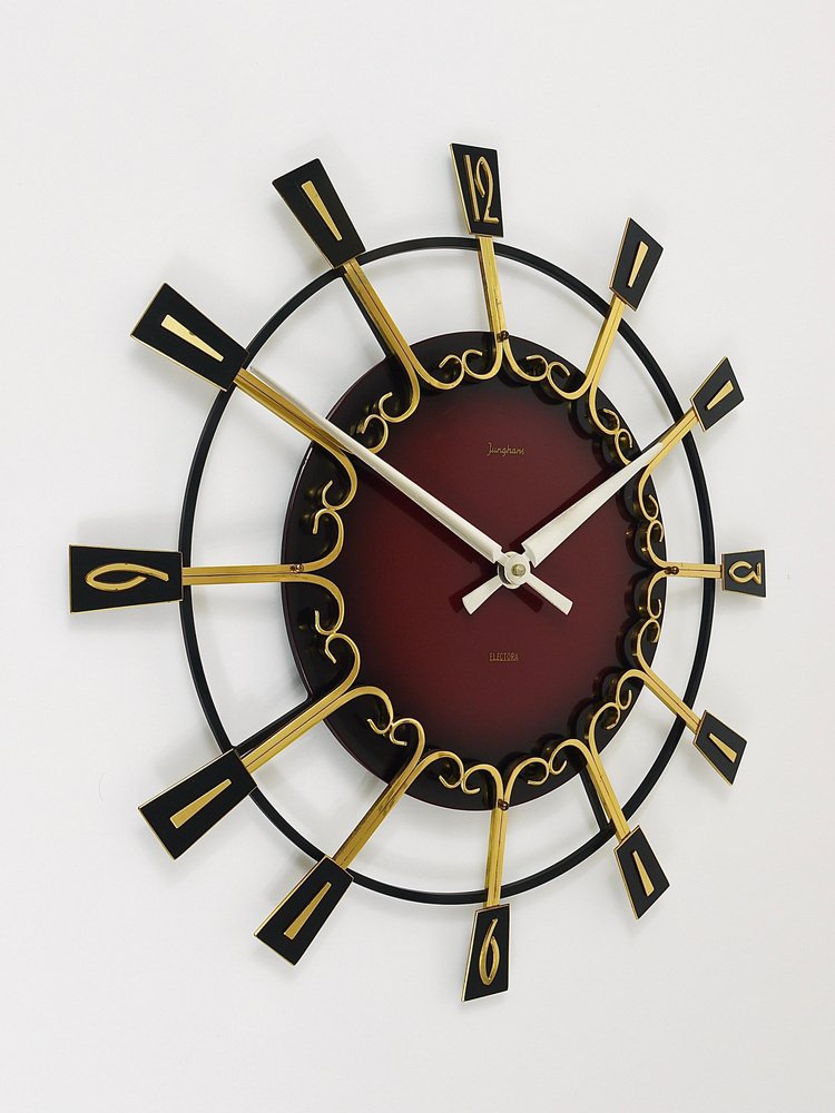 Large Mid-Century Brutalist Brass Sunburst Wall Clock from Junghans ...