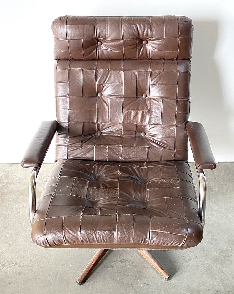 Mid-Century Maroon Leather Armchair for sale at Pamono