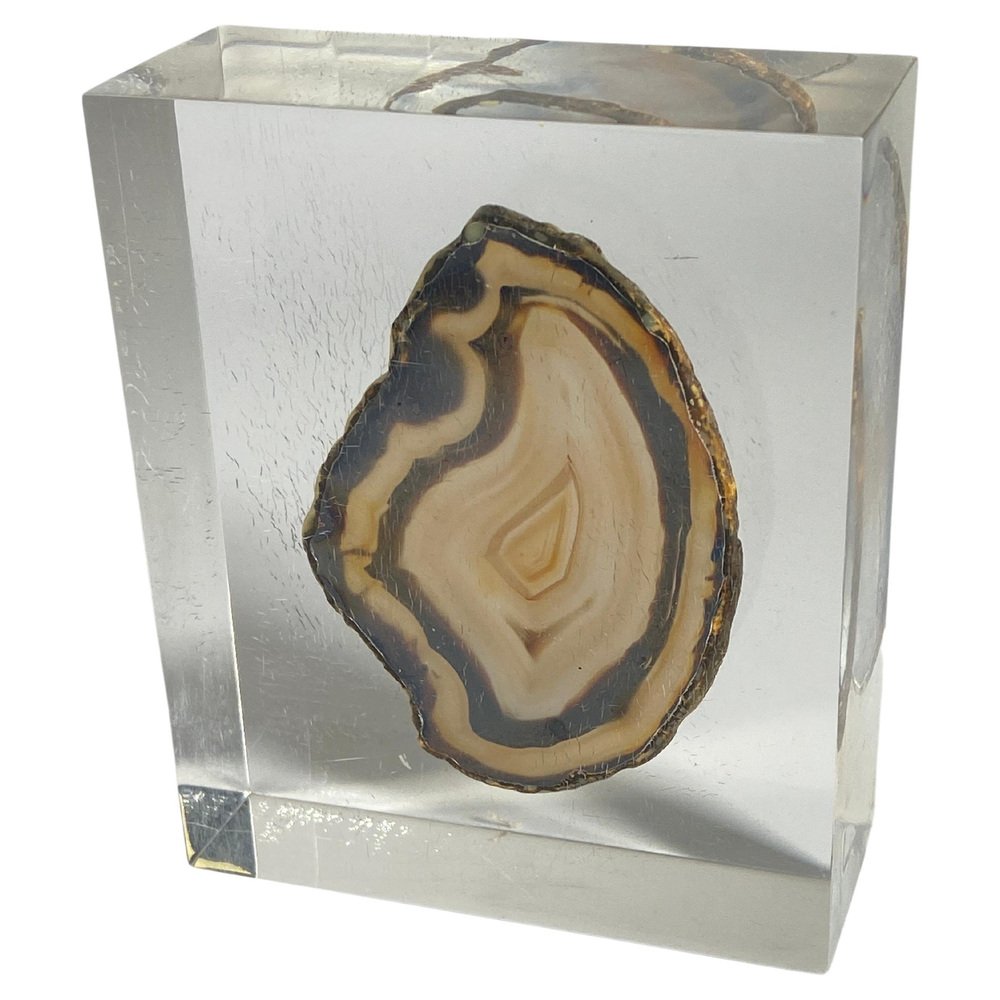 French Acrylic Glass Resin Cube Sculpture with Agate Stone, 1970s for ...