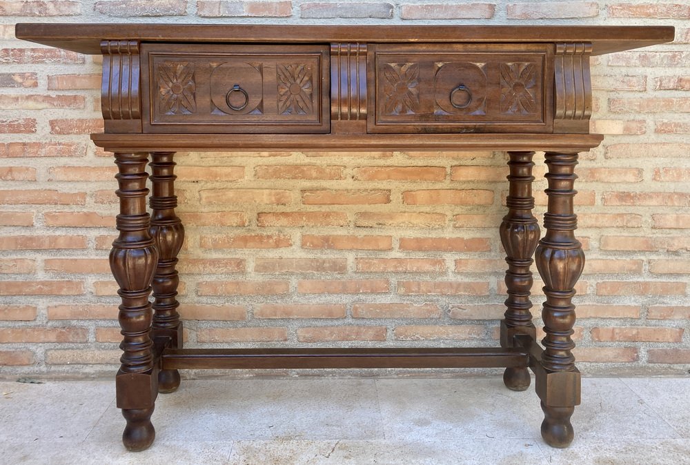 Early 20th Century Spanish Console Table with Two Carved Drawers and ...