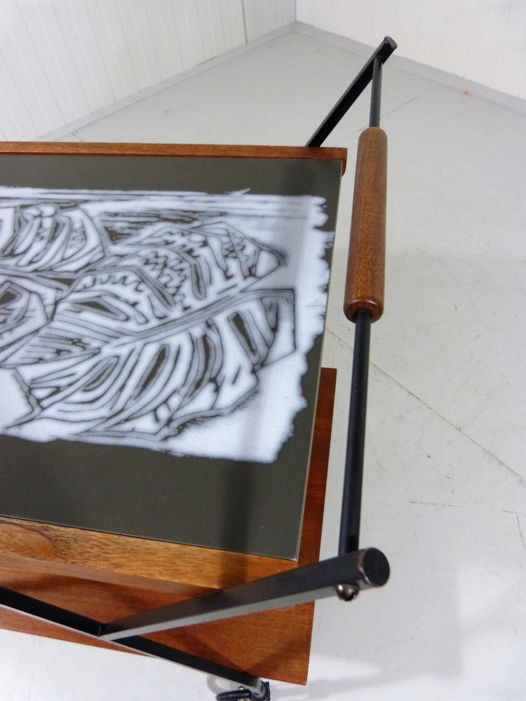 Teak Trolley with Botanical Tile Top, 1960s for sale at Pamono