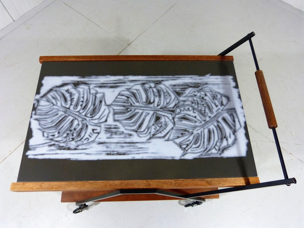 Teak Trolley with Botanical Tile Top, 1960s for sale at Pamono