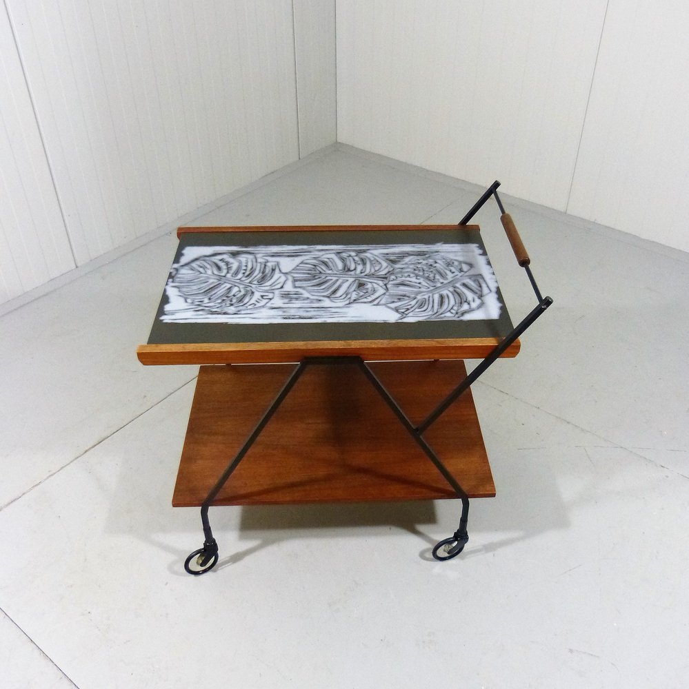 Teak Trolley with Botanical Tile Top, 1960s for sale at Pamono