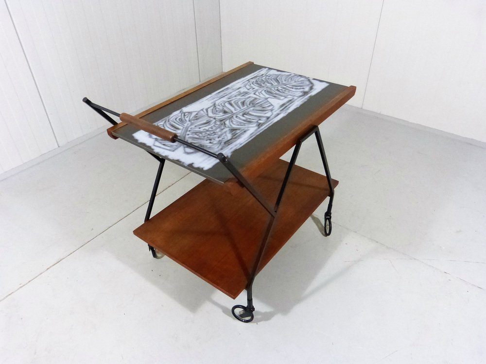 Teak Trolley with Botanical Tile Top, 1960s for sale at Pamono