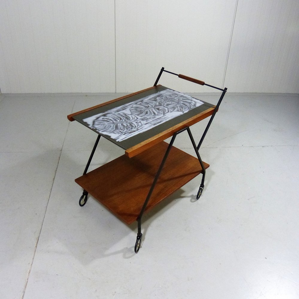 Teak Trolley with Botanical Tile Top, 1960s for sale at Pamono