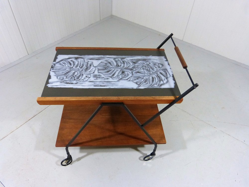 Teak Trolley with Botanical Tile Top, 1960s for sale at Pamono
