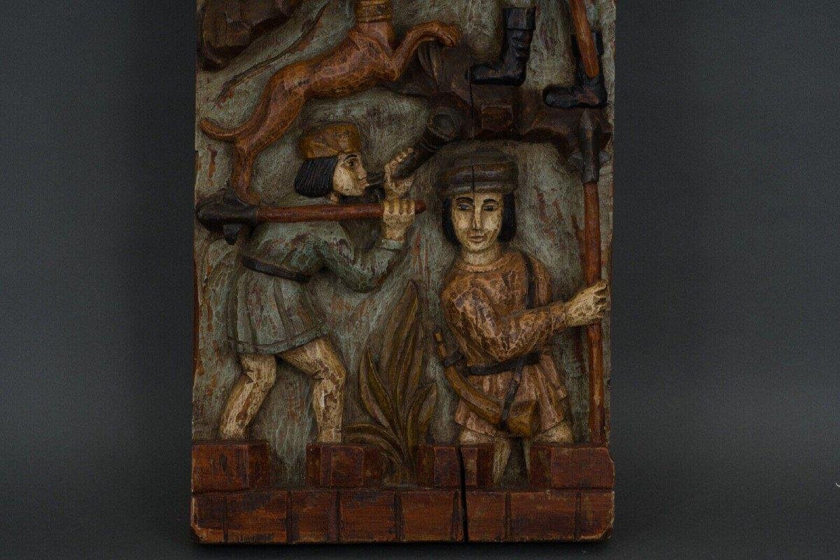 20th Century Hunting Carved Wood & Polychrome Medieval Characters Panel ...