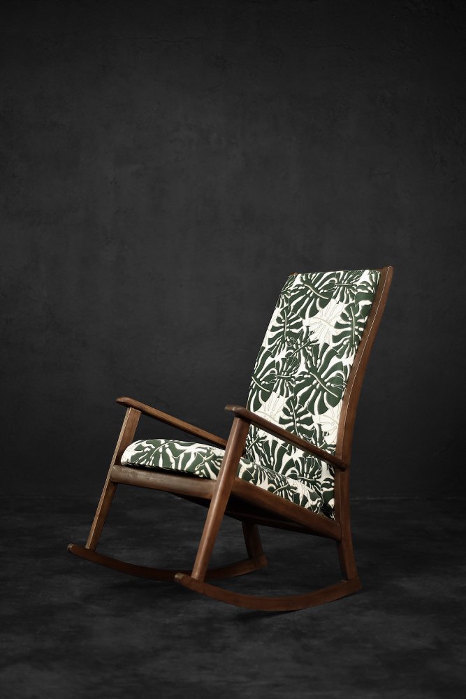 Danish Modern Rocking Chair in Wood and Monstera Leaf Pattern Fabric ...