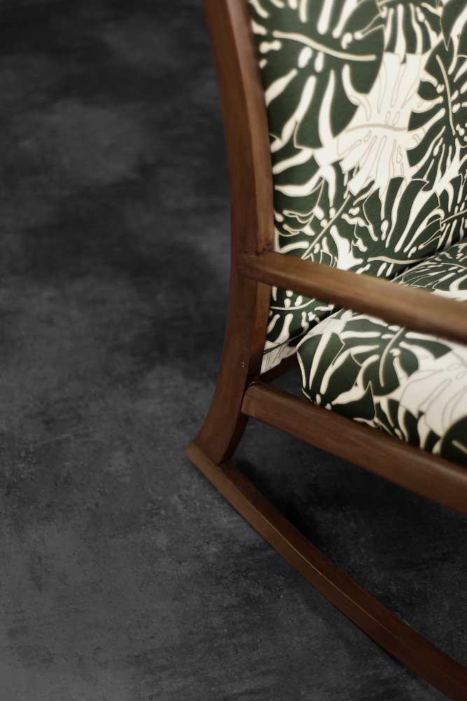 Danish Modern Rocking Chair in Wood and Monstera Leaf Pattern Fabric ...