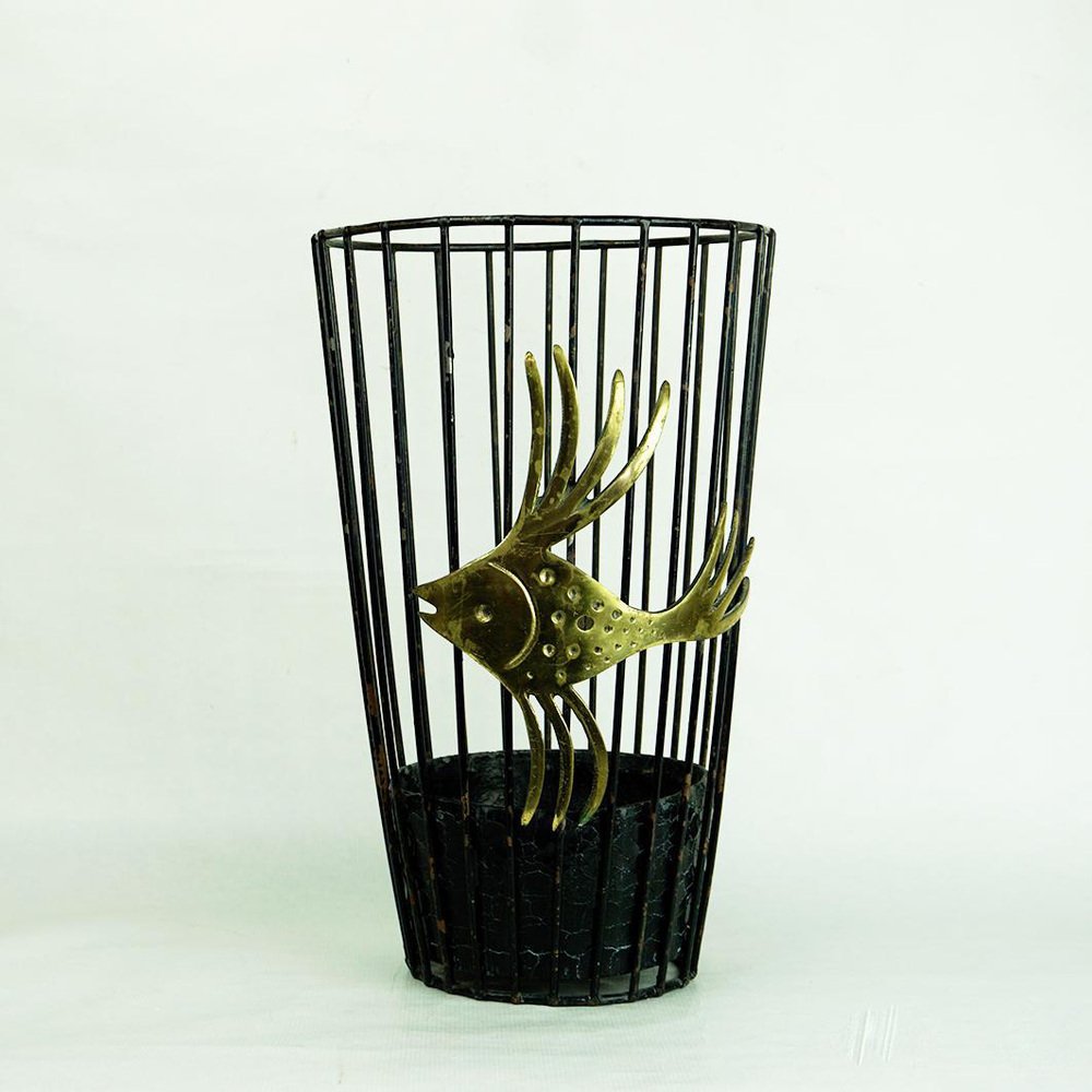 Mid-Century Austrian Black Metal & Brass Fish Umbrella Stand attributed ...