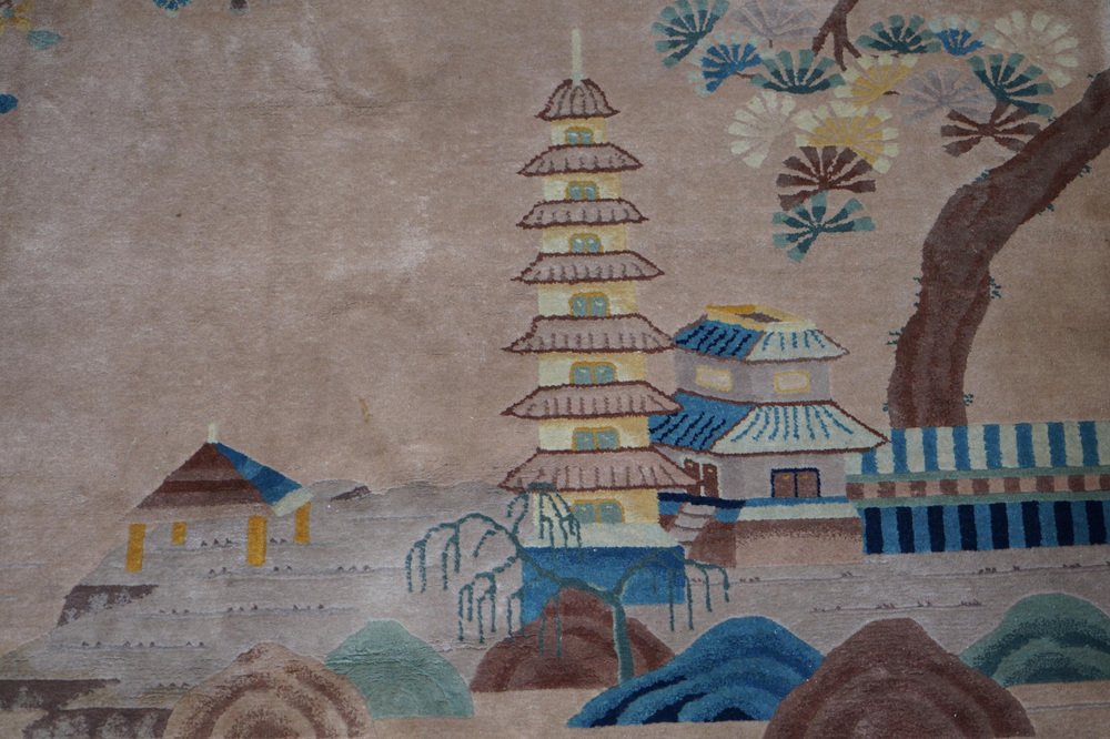 Antique Chinese Thick Knotted Wool Rug with Pagoda Temple and Floral ...