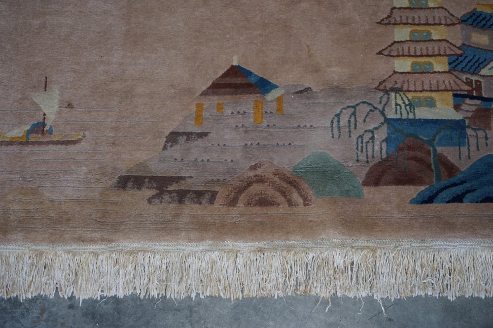 Antique Chinese Thick Knotted Wool Rug with Pagoda Temple and Floral ...