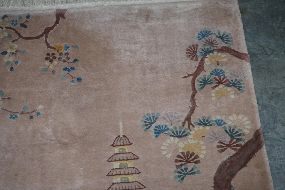 Antique Chinese Thick Knotted Wool Rug with Pagoda Temple and Floral ...
