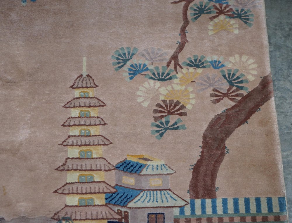 Antique Chinese Thick Knotted Wool Rug with Pagoda Temple and Floral ...