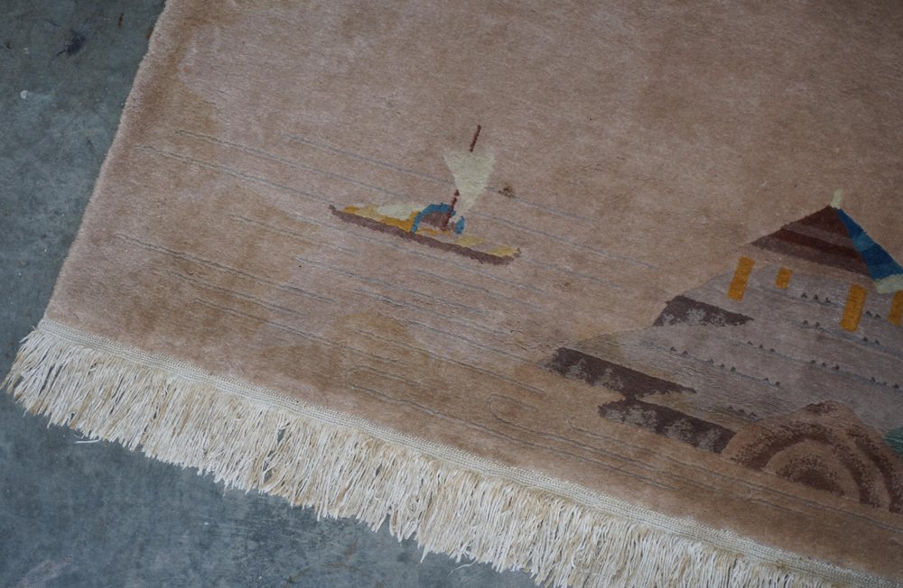 Antique Chinese Thick Knotted Wool Rug with Pagoda Temple and Floral ...