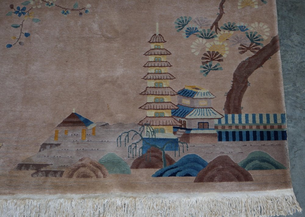 Antique Chinese Thick Knotted Wool Rug with Pagoda Temple and Floral ...