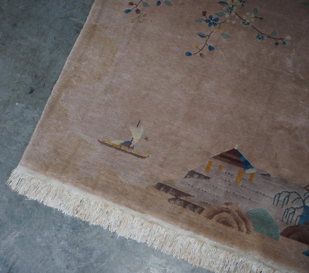 Antique Chinese Thick Knotted Wool Rug with Pagoda Temple and Floral ...