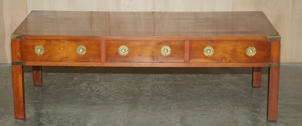 Burr, Yew Wood & Brass Military Campaign 3 Drawer Coffee Table from ...