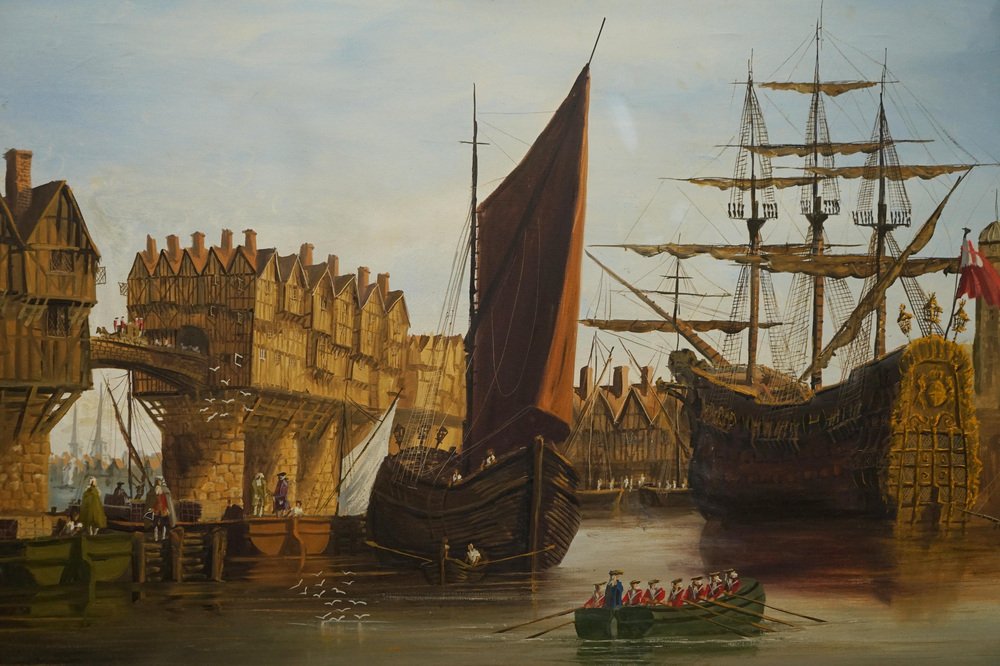 Malcolm Gearing, Victorian Naval Scene on the Thames, 1972, Large Oil ...