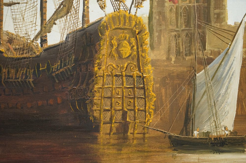 Malcolm Gearing, Victorian Naval Scene on the Thames, 1972, Large Oil ...