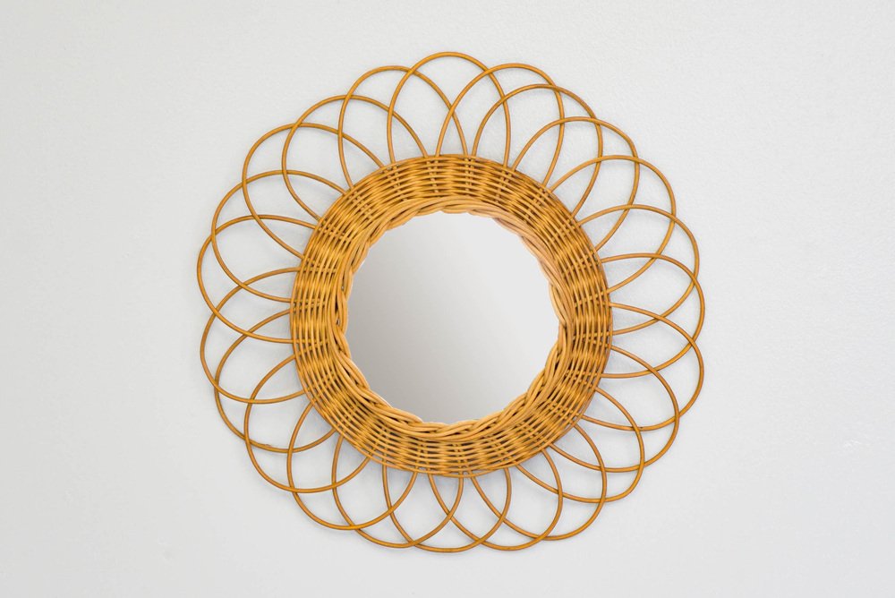 Circular Mirror in Rattan for sale at Pamono