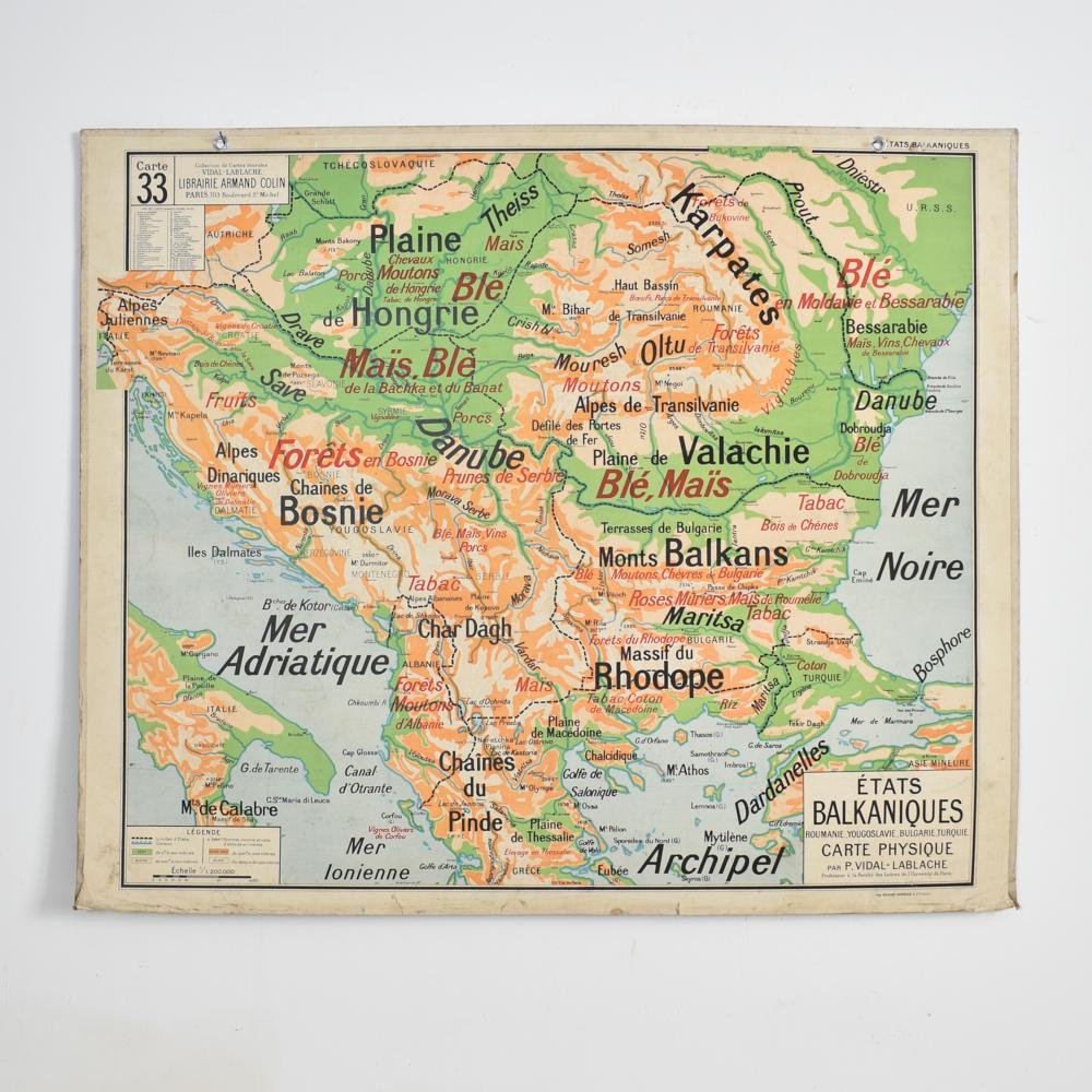 Vintage French Vidal Lablache 33 Balkan States Wall Map, 1960s for sale ...