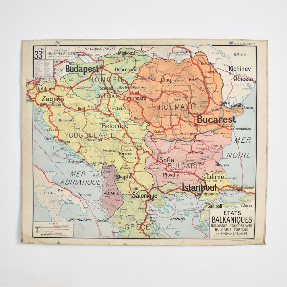 Vintage French Vidal Lablache 33 Balkan States Wall Map, 1960s en vente ...