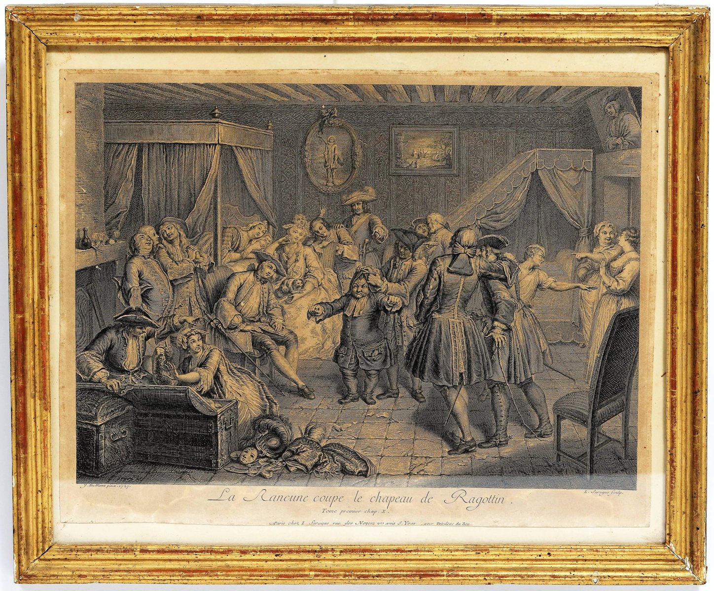 La Rancune coupant le chapeau de Ragottin, 1700s, Engraving, Framed for ...