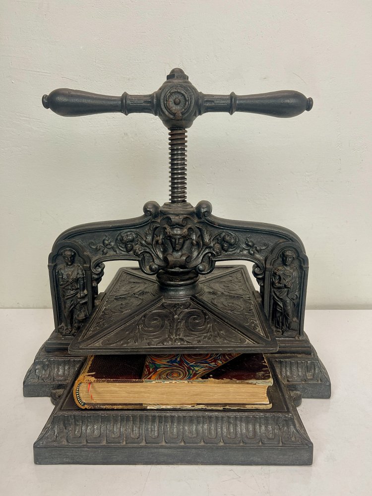 Antique Cast Iron Book Press with Figures, 1850s for sale at Pamono