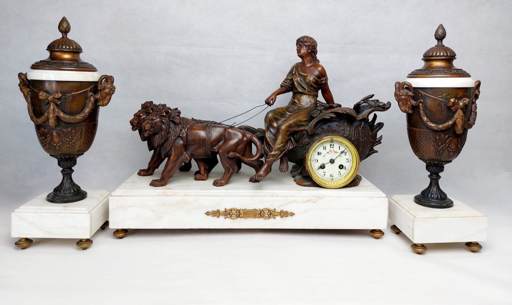 Large Antique Fireplace Clock Set, 1850, Set of 3 for sale at Pamono